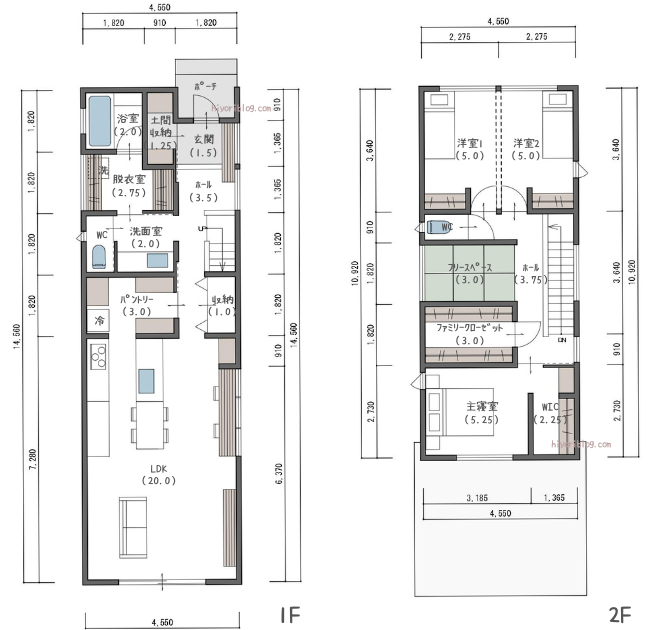 2階建×3LDK×35坪｜間口が狭い土地の、細長い間取り | 咲くくらし