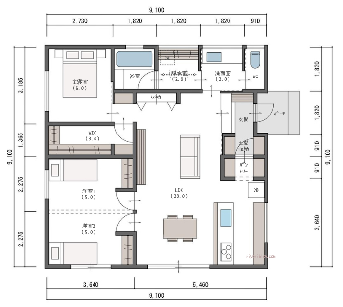 平屋×3LDK×24坪｜廊下なしで効率よく！25坪以下の平屋の間取り | 咲くくらし