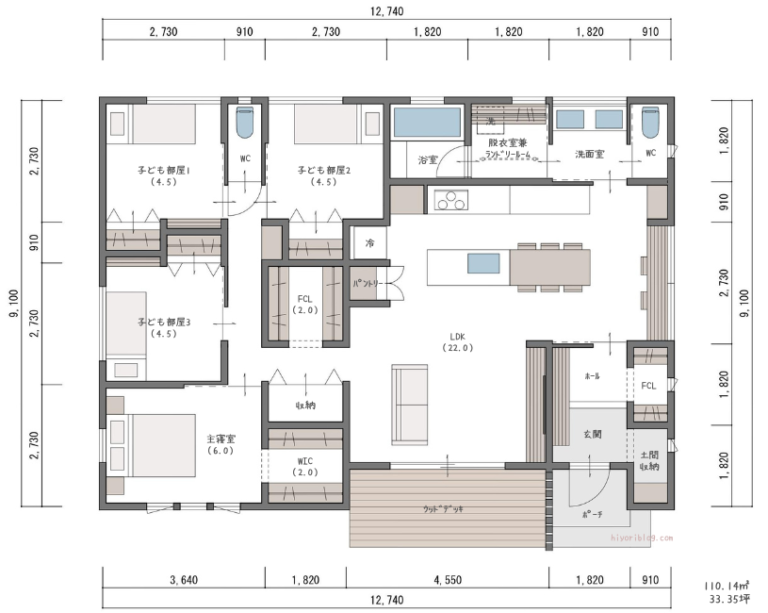 平屋×4LDK×33坪｜35坪以下！ファミリークローゼットのある平屋の間取り｜No.1-1 | 咲くくらし