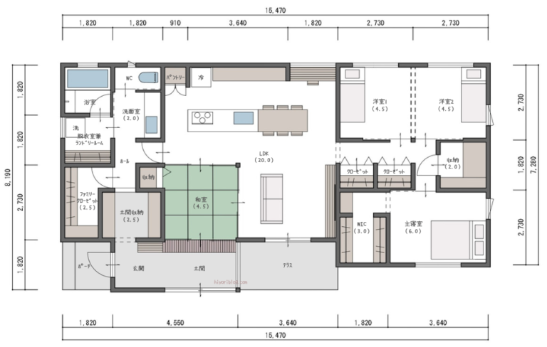 平屋×4LDK×34坪｜楽しい！ゲストを迎える広い土間のある間取り｜No.1-4 | 咲くくらし