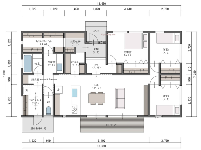 平屋×3LDK×29坪｜ファミクロ・ランドリールーム・回遊動線！30坪以下で家事ラクな間取り｜No.1-7 | 咲くくらし