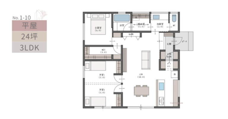 平屋×3LDK×24坪｜廊下なしで効率よく！25坪以下の平屋の間取り｜No.1-10 | 咲くくらし