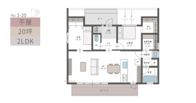平屋×2LDK×20坪｜家事室兼パントリーのあるコンパクトな平屋の間取り｜No.1-20 | 咲くくらし
