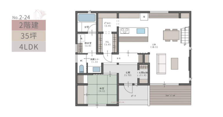 2階建×4LDK×35坪｜玄関から直接入れるはなれのような和室のある間取り｜No.2-24 | 咲くくらし