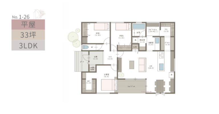 平屋×3LDK×33坪｜LDKを通らずに個室へ出入り！プライベートも守る平屋の間取り｜No.1-26 | 咲くくらし