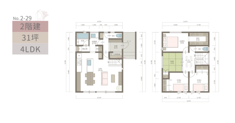 2階建×4LDK×31坪｜和室とフリースペースの繋がりが楽しい総二階の間取り｜No.2-29 | 咲くくらし