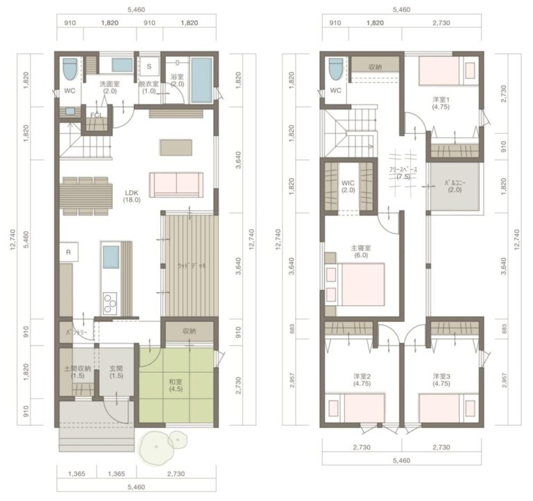 2階建×5LDK×36坪｜中庭のある細長い総二階の間取り｜No.2-30 | 咲くくらし