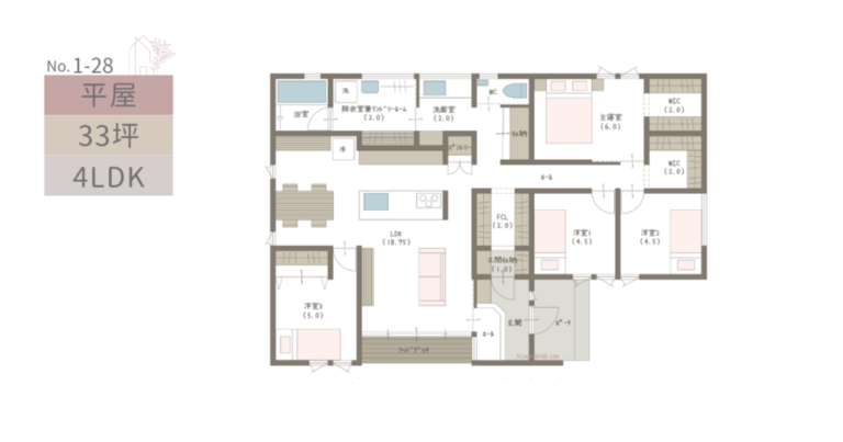 平屋×4LDK×33坪｜便利な2WAY！帰宅動線の良い平屋の間取り｜No.1-28 | 咲くくらし